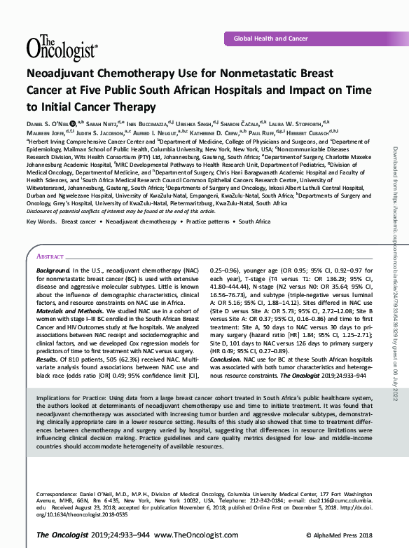 (PDF) Neoadjuvant Chemotherapy Use for Nonmetastatic Breast Cancer at Five Public South African ...
