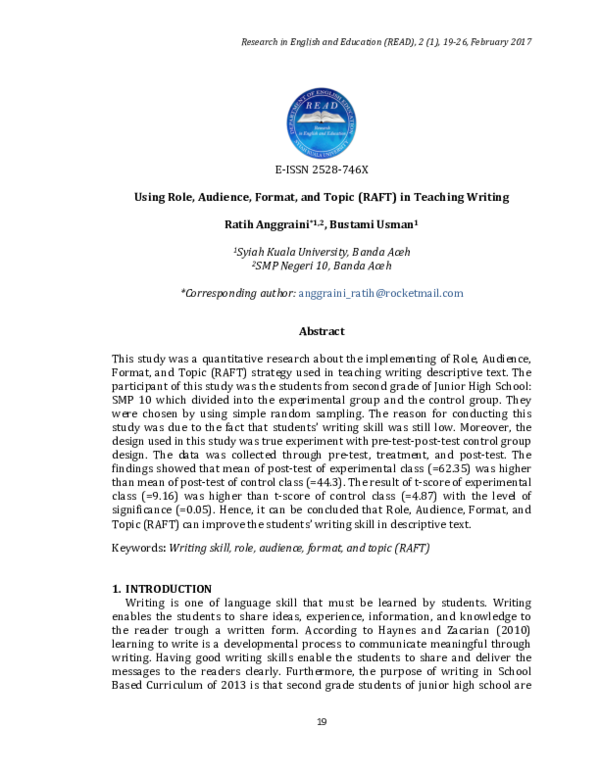 (PDF) Using Role, Audience, Format, and Topic (RAFT) in Teaching Writing