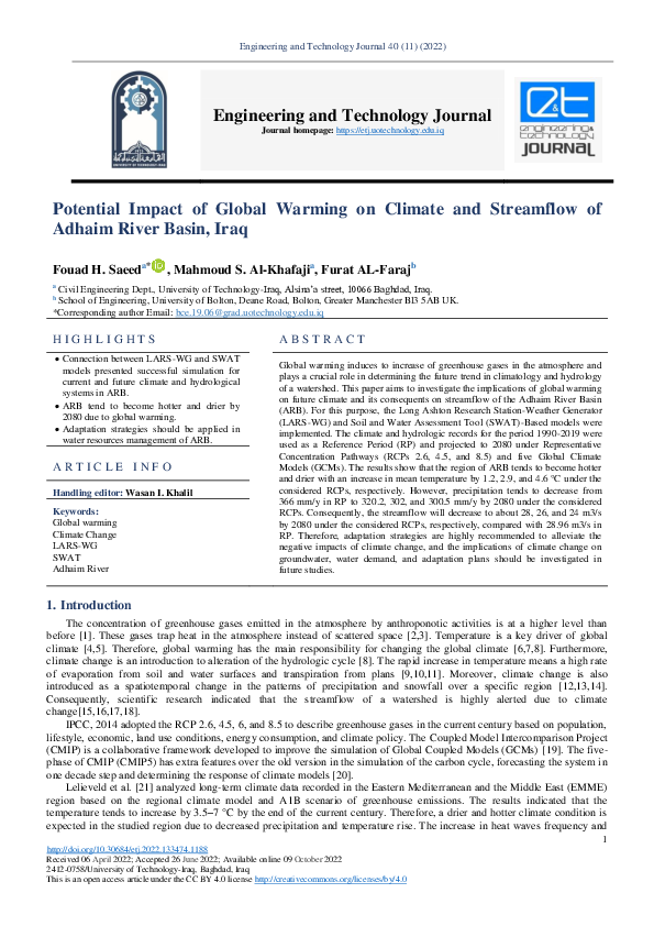 (PDF) Potential Impact of Global Warming on Climate and Streamflow of ...