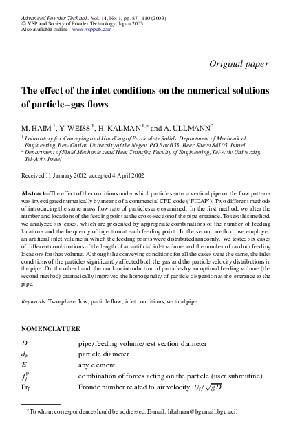 (PDF) The effect of the inlet conditions on the numerical solutions of particle–gas flows