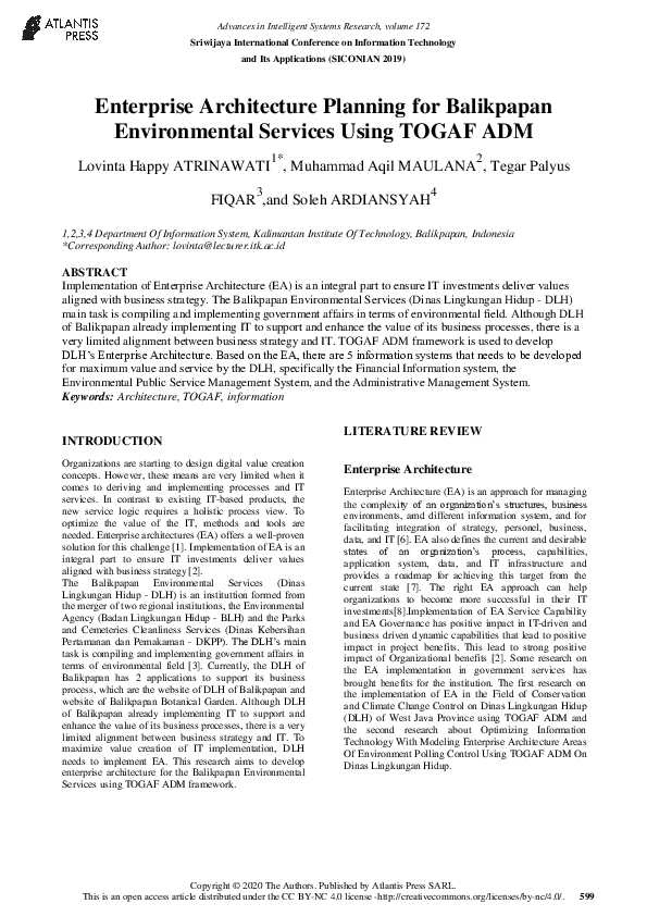 Enterprise Architecture Planning for Balikpapan Environmental Services Using TOGAF ADM