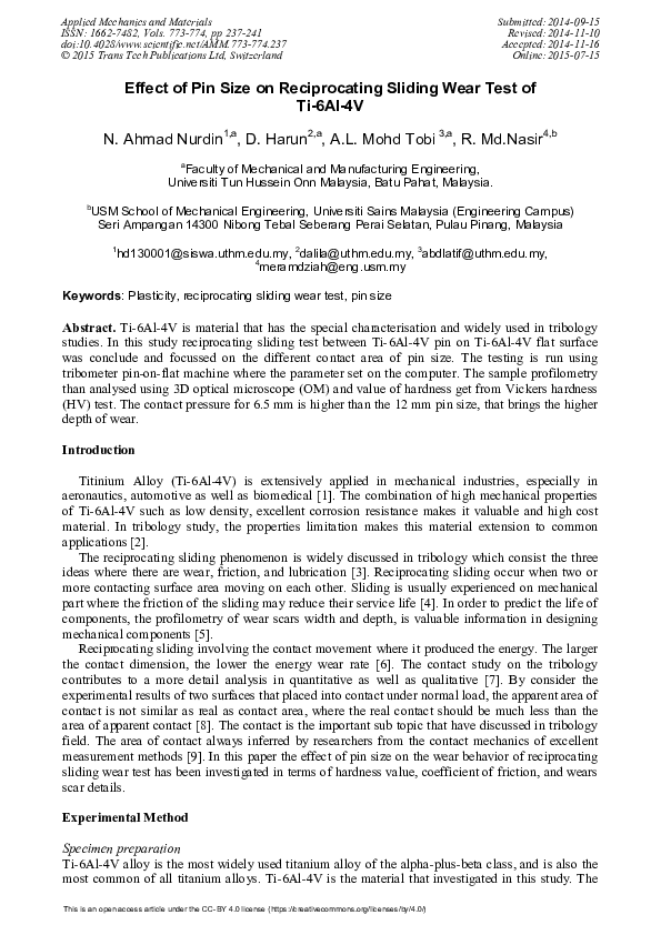 (PDF) Effect of Pin Size on Reciprocating Sliding Wear Test of Ti-6Al-4V