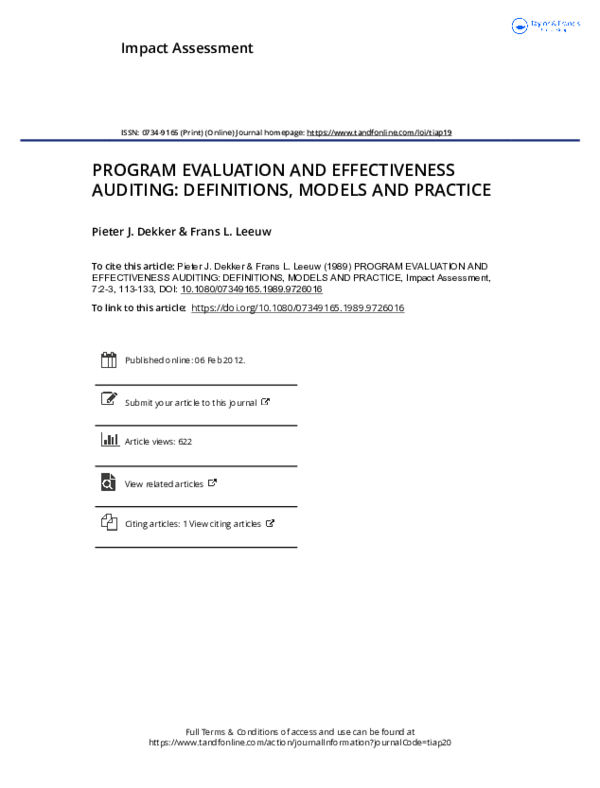 Pdf Program Evaluation And Effectiveness Auditing Definitions Models And Practice