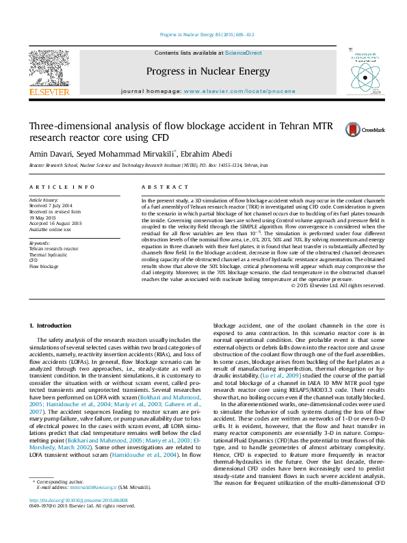 (PDF) Three-dimensional analysis of flow blockage accident in Tehran MTR research reactor core ...