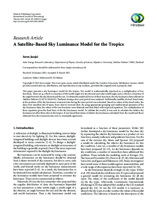 (PDF) A Satellite-Based Sky Luminance Model for the Tropics