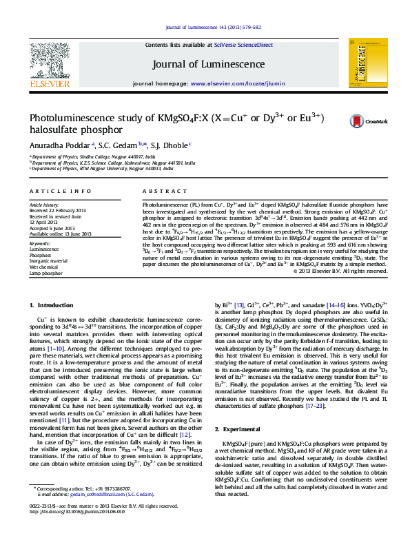 (PDF) Photoluminescence study of KMgSO4F:X (X=Cu+ or Dy3+ or Eu3+) halosulfate phosphor