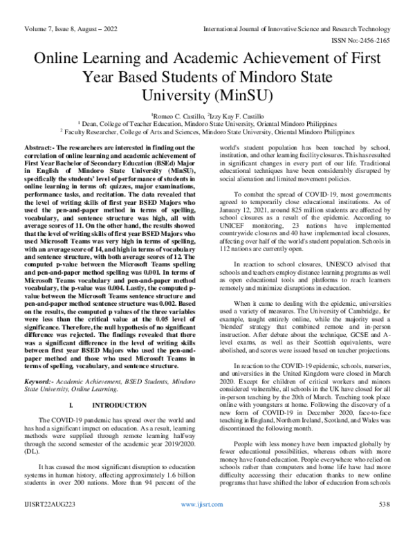 (PDF) Online Learning and Academic Achievement of First Year Based ...