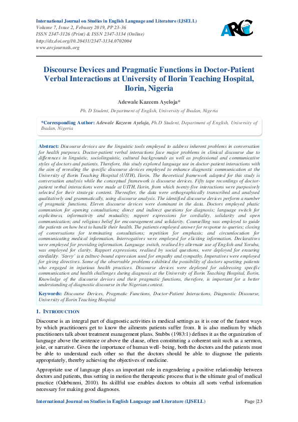 (PDF) Discourse Devices and Pragmatic Functions in Doctor-Patient ...
