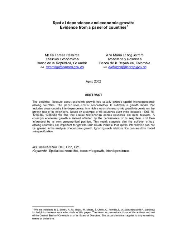 (PDF) Spatial Dependence and Economic Growth: Evidence from a Panel of Countries | Ana ...