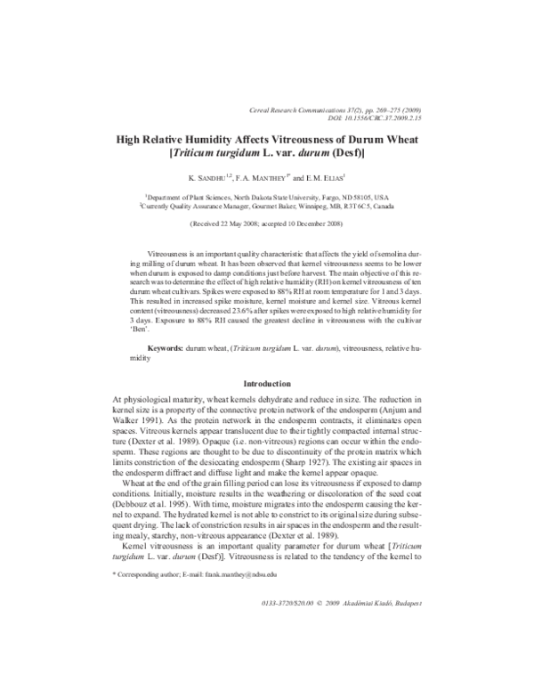 (PDF) High relative humidity affects vitreousness of durum wheat ...
