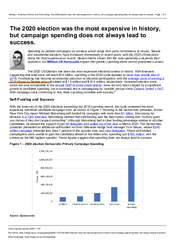 (PDF) The 2020 election was the most expensive in history, but campaign ...