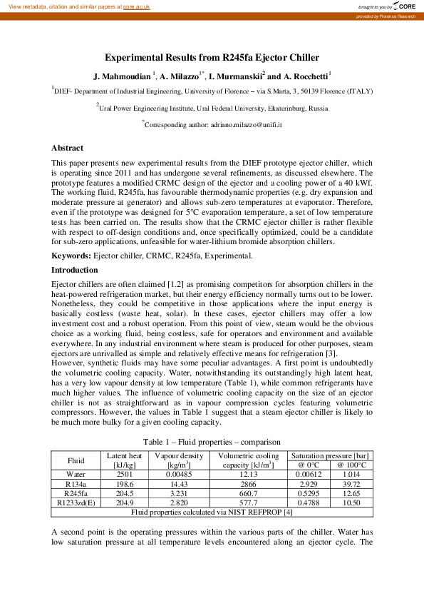(PDF) Experimental Results from R245fa Ejector Chiller