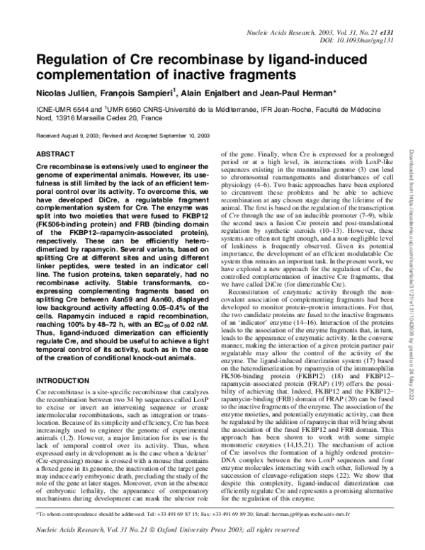 (PDF) Regulation of Cre recombinase by ligand-induced complementation ...