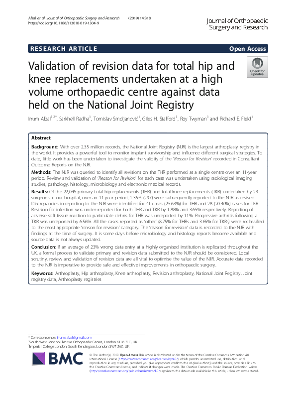 (PDF) Validation of revision data for total hip and knee replacements ...
