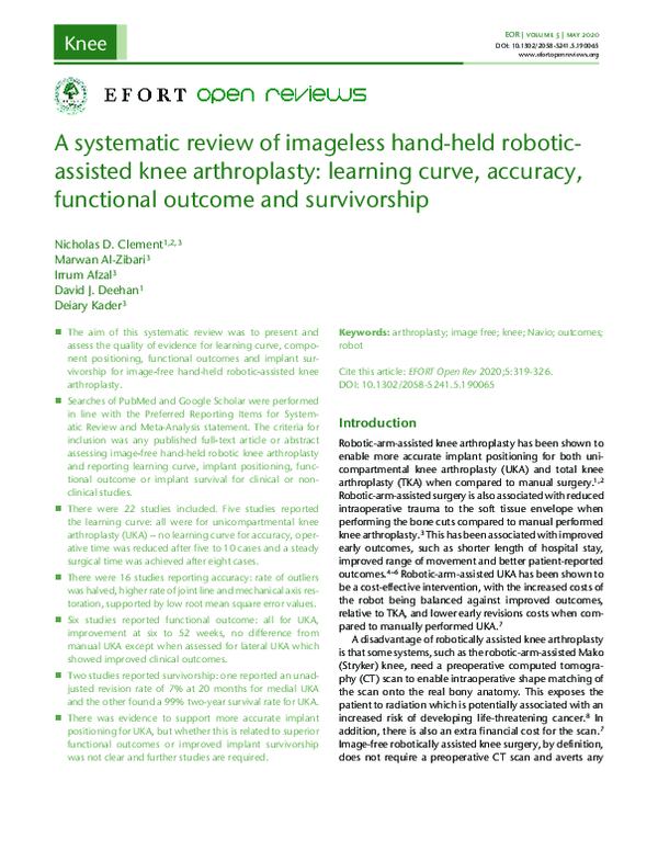(PDF) A systematic review of imageless hand-held robotic-assisted knee arthroplasty: learning ...