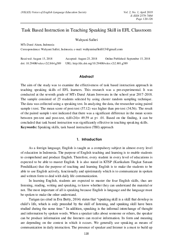 (PDF) Task Based Instruction in Teaching Speaking Skill in EFL Classroom