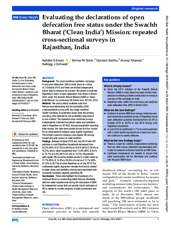 (PDF) Evaluating the declarations of open defecation free status under ...