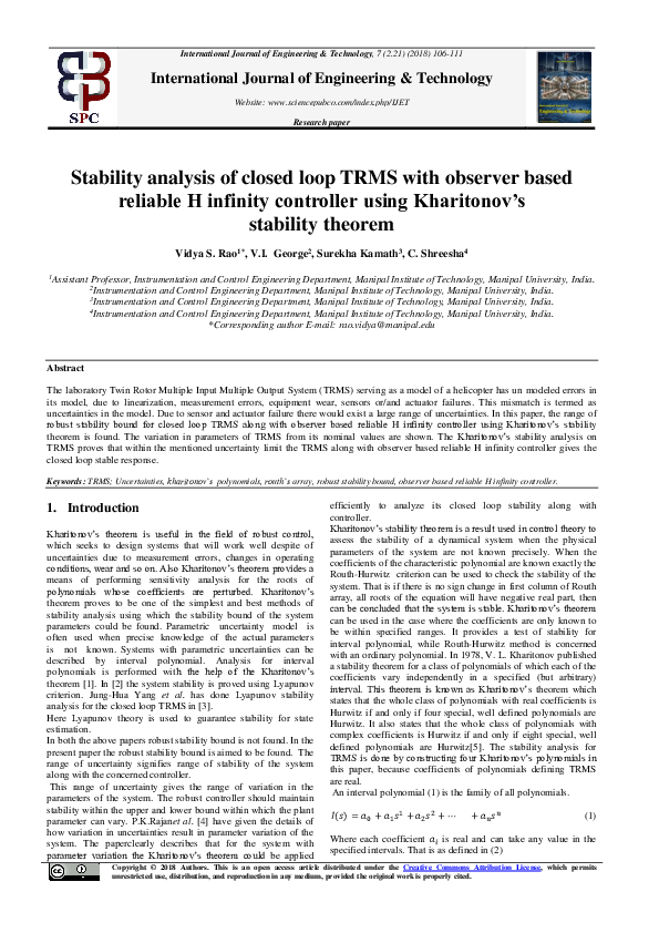 (PDF) Stability analysis of closed loop TRMS with observer based reliable H infinity controller ...