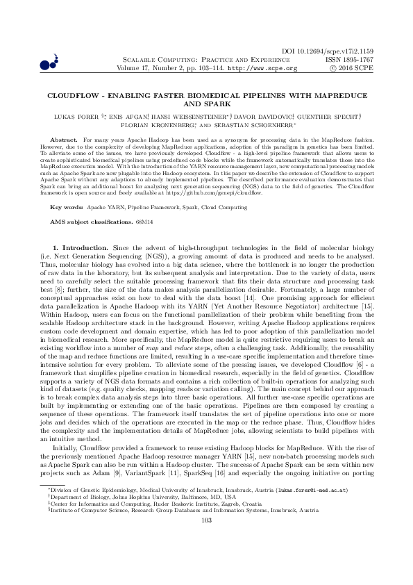 (PDF) Cloudflow - enabling faster biomedical pipelines with MapReduce and Spark