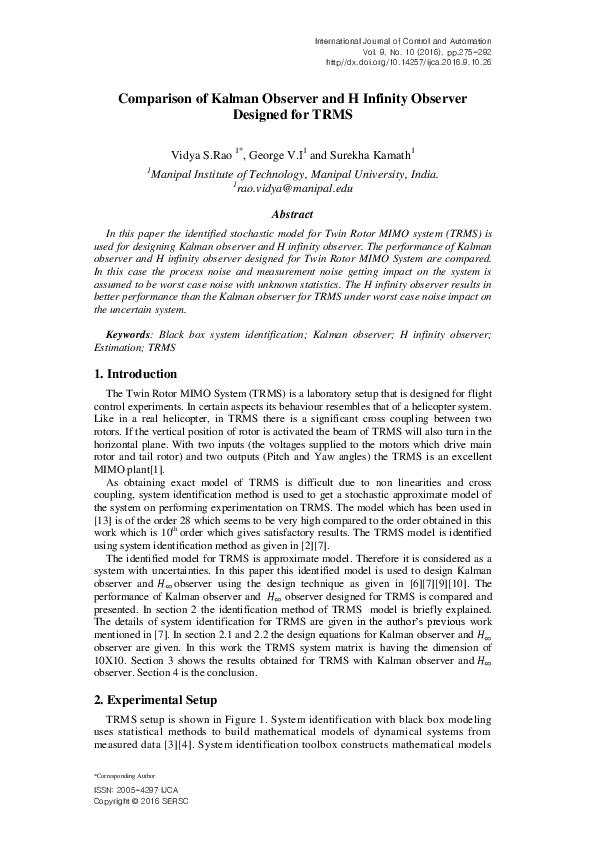 (PDF) Comparison of Kalman Observer and H Infinity Observer Designed for TRMS