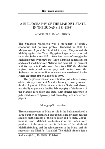 (PDF) A Bibliography of the Mahdist State in the Sudan (1881-1898)