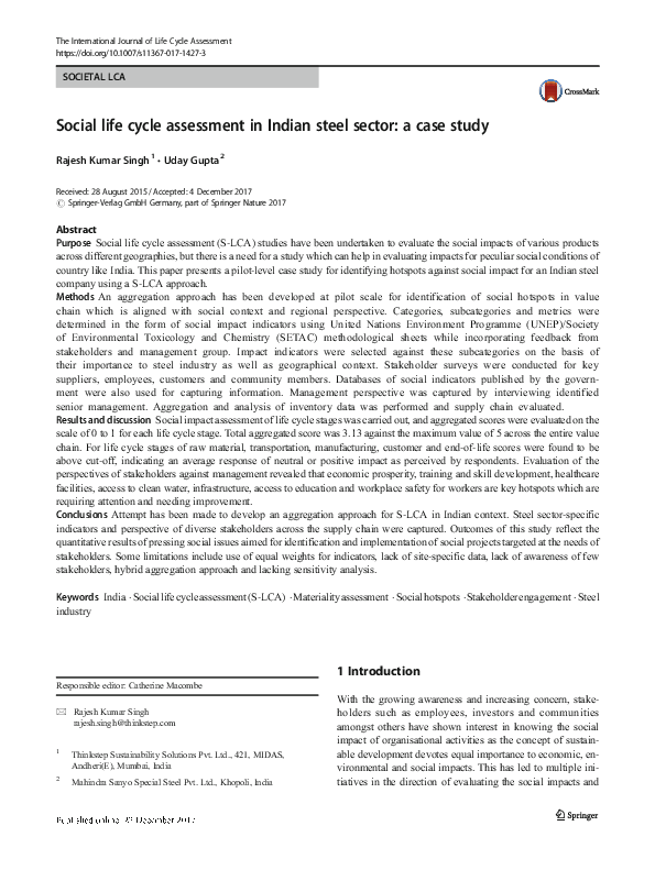 (PDF) Social life cycle assessment in Indian steel sector: a case study