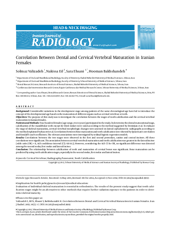 (PDF) Correlation between dental and cervical vertebral maturation in Iranian females