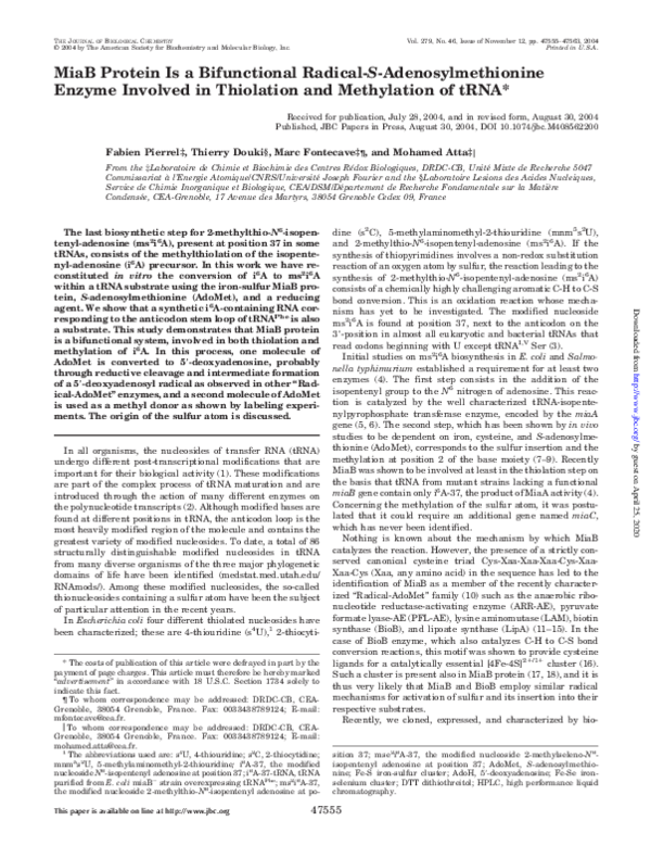 (PDF) MiaB Protein Is a Bifunctional Radical-S-Adenosylmethionine ...