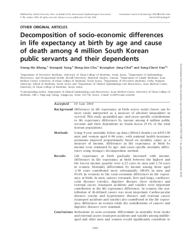 Pdf Decomposition Of Socio Economic Differences In Life Expectancy At