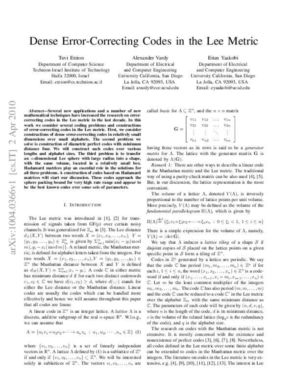 Pdf Dense Error Correcting Codes In The Lee Metric