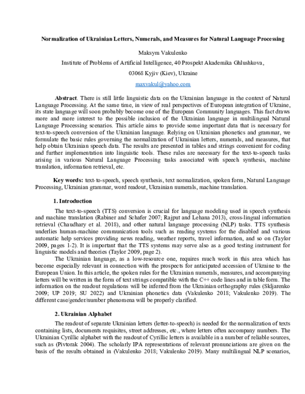 (DOC) Normalizing Ukrainian for NLP and Text-to-Speech