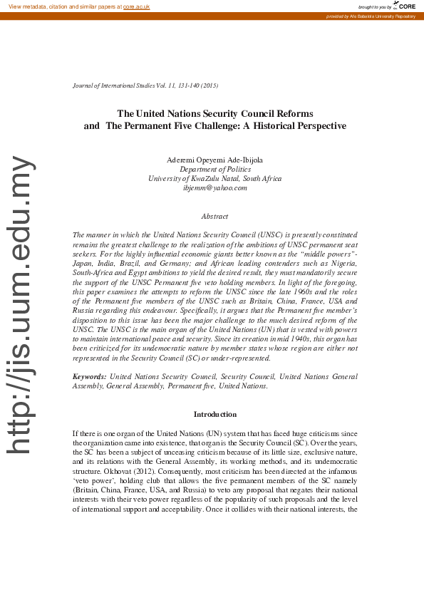 (PDF) The United Nations Security Council Reforms and The Permanent ...