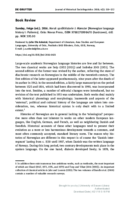 (PDF) Sandøy, Helge Agnete Nesse: Norsk språkhistorie I: Mønster ...