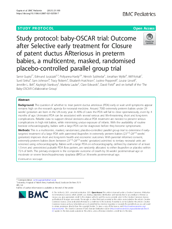 (PDF) Study protocol: baby-OSCAR trial: Outcome after Selective early treatment for Closure of ...