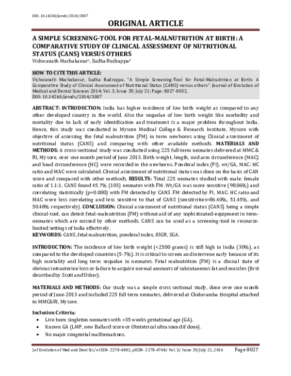 (PDF) A Simple Screening-Tool for Fetal-Malnutrition at Birth: A Comparative Study of Clinical ...