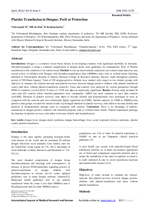 (PDF) Platelet Transfusion in Dengue: Peril or Protection