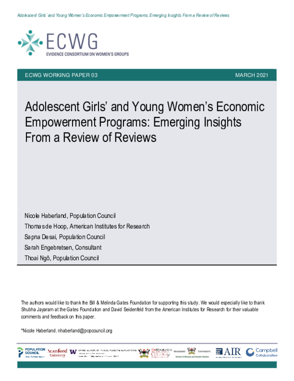 (PDF) Adolescent girls’ and young women’s economic empowerment programs: Emerging insights from ...