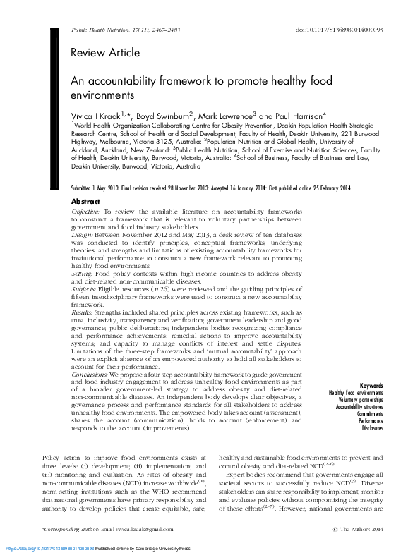 (PDF) An accountability framework to promote healthy food environments