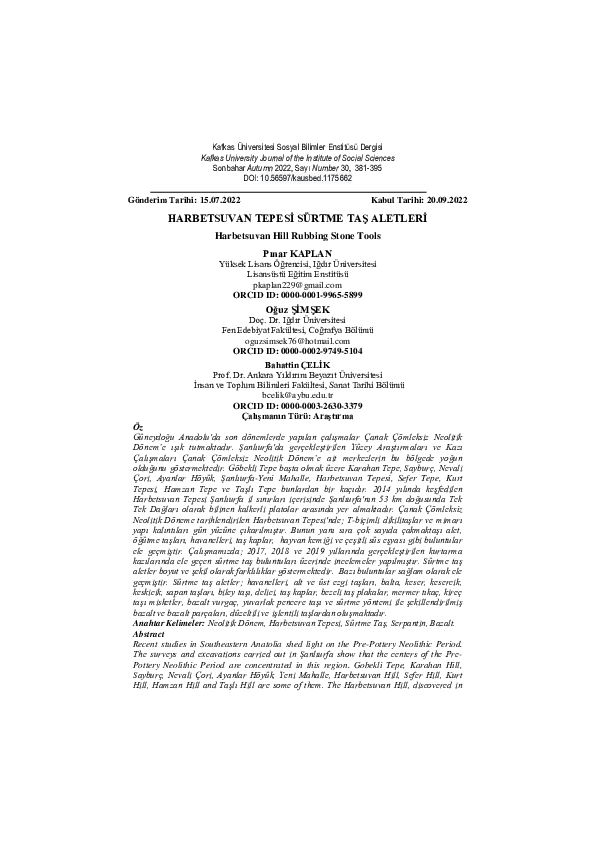 (PDF) HARBETSUVAN TEPESİ SÜRTME TAŞ ALETLERİ Harbetsuvan Hill Rubbing ...