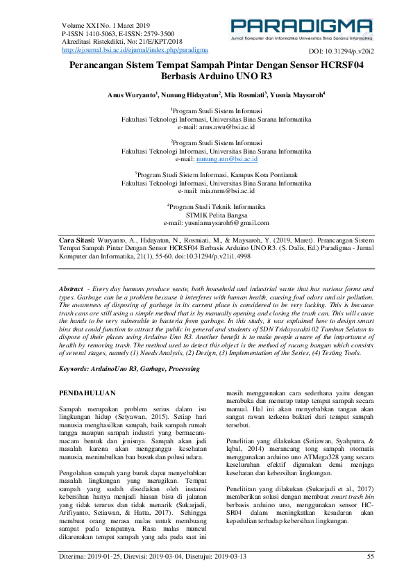 Pdf Perancangan Sistem Tempat Sampah Pintar Dengan Sensor Hcrsf04