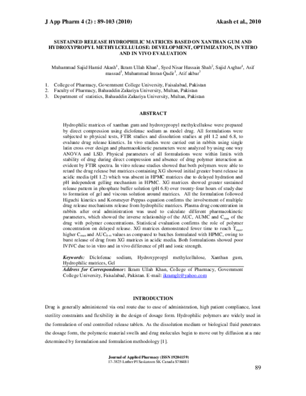 Pdf Xanthan And Hpmc Matrices For Sustained Drug Release