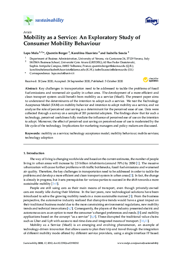 (PDF) Mobility as a Service: An Exploratory Study of Consumer Mobility ...