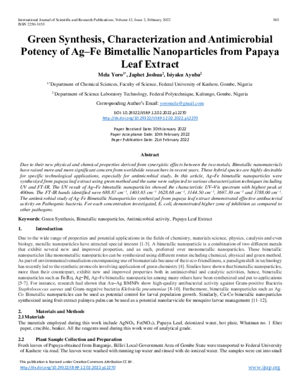 (PDF) Green Synthesis, Characterization and Antimicrobial Potency of Ag-Fe Bimetallic ...