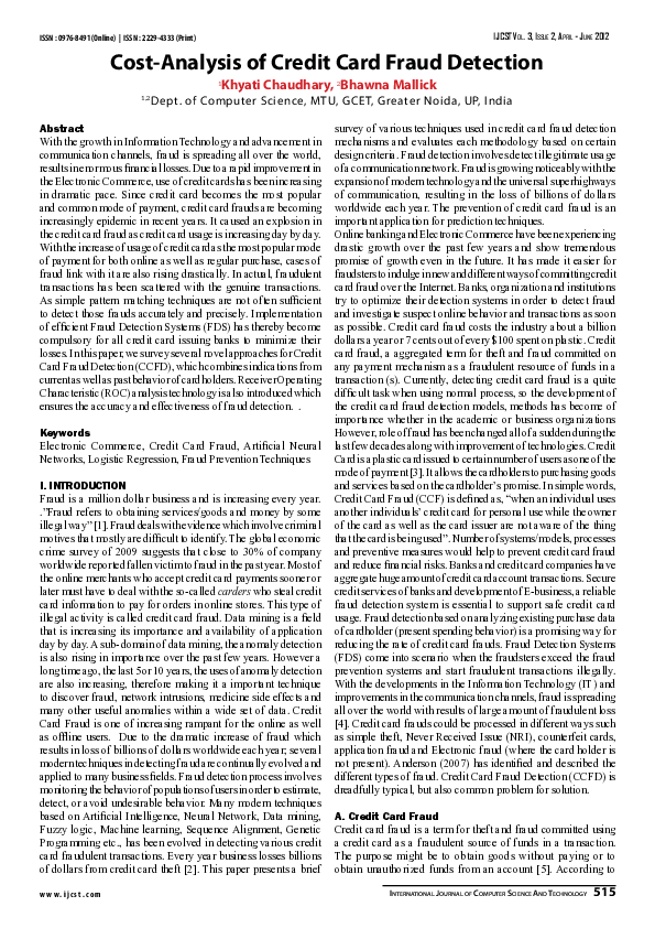 (PDF) Cost-Analysis of Credit Card Fraud Detection