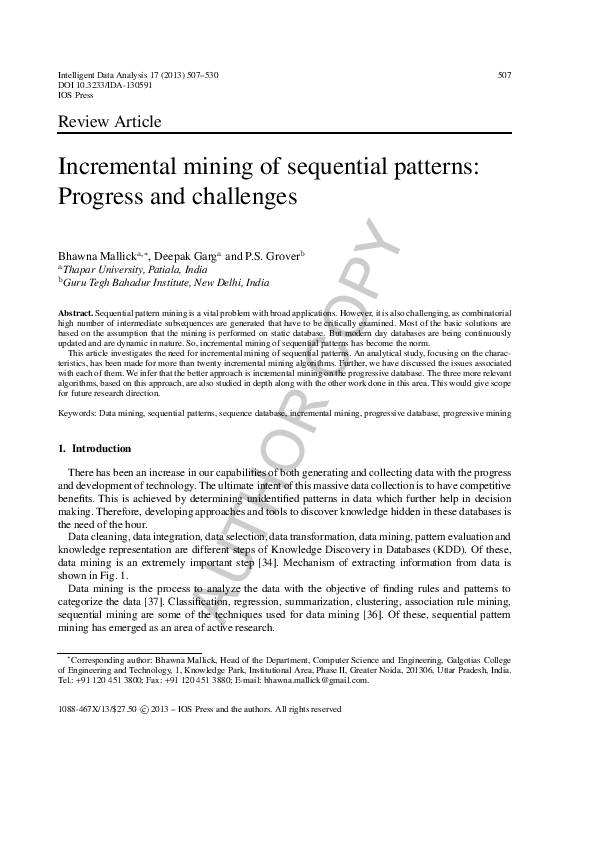 Pdf Incremental Mining Of Sequential Patterns Progress And Challenges Bhawna Mallick