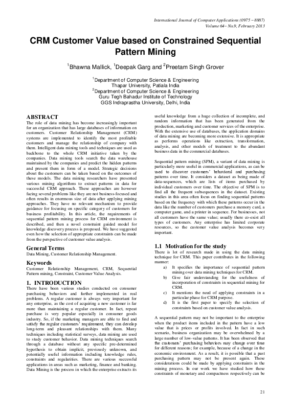 Pdf Crm Customer Value Based On Constrained Sequential Pattern Mining Bhawna Mallick