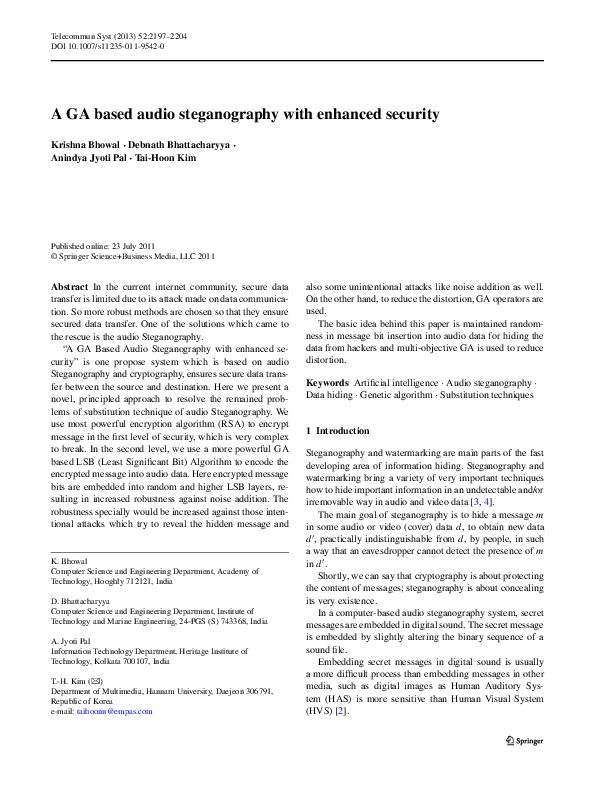 (PDF) A GA based audio steganography with enhanced security