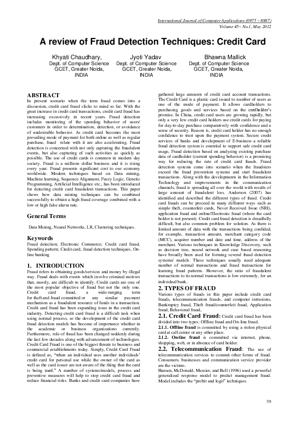 (PDF) A review of Fraud Detection Techniques: Credit Card