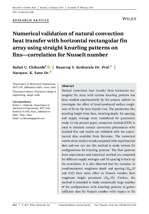 (PDF) Numerical validation of natural convection heat transfer with horizontal rectangular fin ...