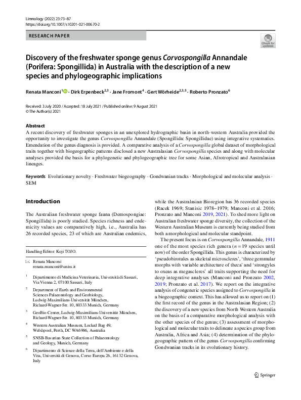 (PDF) Discovery of the freshwater sponge genus Corvospongilla Annandale ...
